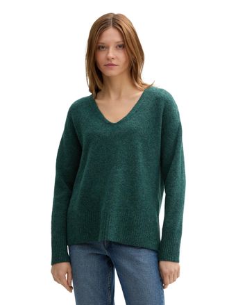 Tom Tailor Damen Cosy Strickpullover mit V-Ausschnitt, 10592 - Midnight Forest Green Mélange, XS