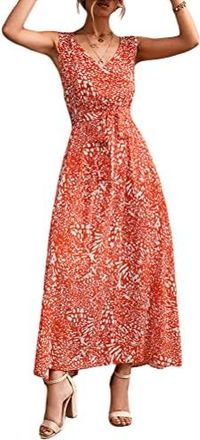 Minetom Robe Longue Femme Été Bretelles Imprimé Boho Robe De Plage Deep V Robes De Soleil Grande Taille Casual Soirée Chic Cocktail J Orange XL