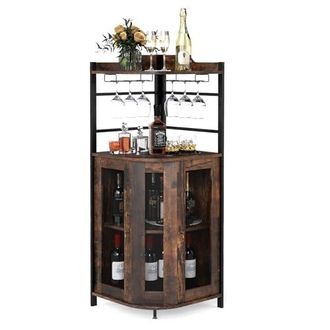 Giantex Armoire &agrave; Vin Angle avec Etag&egrave;re R&eacute;glable, Armoire de Bar avec Portes en Treillis M&eacute;tallique, Buffet Cuisine Angle, Kit Anti-Basculement, Industriel, 