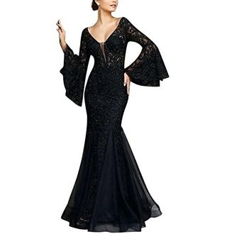 Generic Robe Longue Femme Soiree,Mesdames Dentelle Noire Sexy Slim Fit Fishtail Banquet soir&eacute;e Longue Robe Robe Pull Grande Taille Robe Sexy Femme Club libert