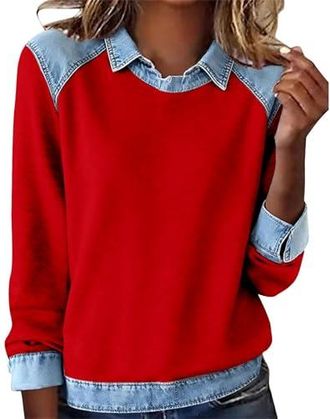 Generic Pull Femme Col Manches Longues Tops Denim Patchwork Sweatshirt Femme Sans Capuche Casual Mode T-shirt &agrave; Manches Longues Chemisier Contraste Femme Pull