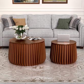 Generic Runde Beistelltische im 2er-Set, Moderne runde Beistelltische f&uuml;rs Wohnzimmer, platzsparende Beistelltisches aus Holz in Trommelform, Keine Montage er