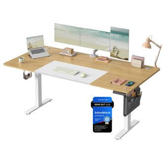 Songmics H&ouml;henverstellbarer Schreibtisch elektrisch, 180 x 80 cm, stufenlos verstellbar, Memory-Funktion mit 4 H&ouml;hen, USB-C-Anschluss, natureichenfarben-mattwe