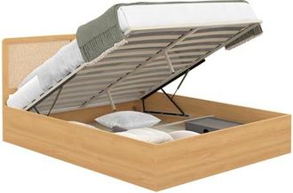 IDMarket Lit Coffre Double EDHEN avec t&ecirc;te de lit cannage et sommier 140 x 190 cm Coloris Bois