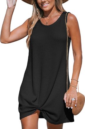 Cupshe Damen Cover Up Strandkleid Luftig Rundhals &Auml;rmellos Twisted Waffelstrick Kurz Strandponcho Sommer Beach Mini Dress Schwarz XS