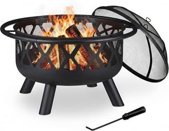 Relaxdays Feuerschale mit Funkenschutz, Garten & Terrasse, mit Sch&uuml;rhaken, Outdoor Feuerstelle, Stahl, &Oslash; 63.5 cm, schwarz