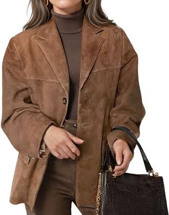Generic Veste blazer en daim synth&eacute;tique pour femme avec revers crant&eacute; simple boutonnage en cuir, marron clair, XXL
