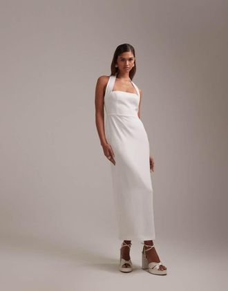 Asos Robe fourreau bandeau mi-longue en cr&ecirc;pe avec bretelles larges - Blanc