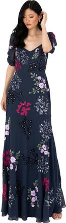 Maya Damen Womens Maxi Dress Ladies Embroidered Sweetheart Neckline Ruched Sleeves for Wedding Guest Bridesmaid Prom Ball Gown Kleid, Navy, 46