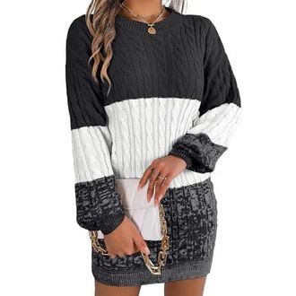 Generic Robe Pull Femme Col Rond Manches Lanternes Mini Robe Tricotée Ample Pull Épais Décontracté