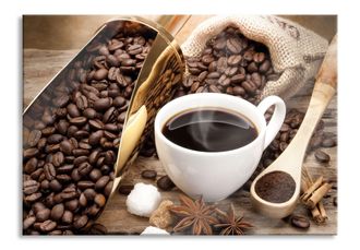 Pixxprint Glasbild, Wandbild aus Echtglas, Edler Kaffee und Kaffeebohnen, 100x70 cm, inkl. Aufh&auml;ngung und Abstandshalter