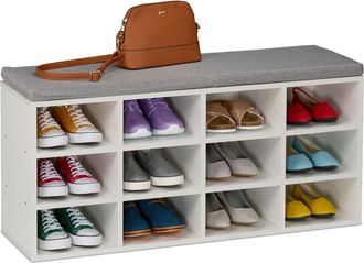 Relaxdays Schuhbank, gepolsterte Sitzfläche, 12 Fächer, HBT: 49,5x104x31 cm, Flur & Schlafzimmer, Schuhregal, weiß/grau