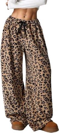 Generic Pyjama pelucheux Y2k pour femme - Imprimé léopard - Pantalon décontracté et confortable avec cordon de serrage - Jambe large - Taille haute, marron, S