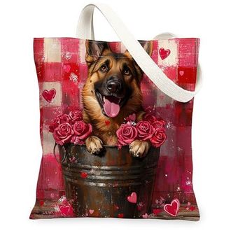 Generic Sac fourre-tout en toile motif berger allemand pour le shopping, 33 x 38,1 cm, sac &agrave; bandouli&egrave;re r&eacute;utilisable pour la Saint-Valentin, sac d&eacute;picerie po