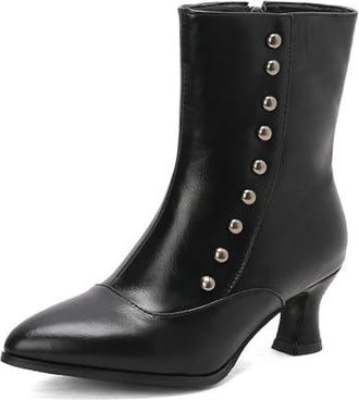 Generic Bottines r&eacute;tro habill&eacute;es &agrave; bout pointu pour femme avec fermeture &eacute;clair lat&eacute;rale clout&eacute;e d&eacute;coration &eacute;l&eacute;gante &agrave; talon chaton chaussures occidentales, N
