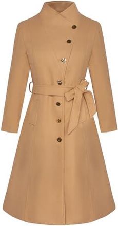 Grace Karin Manteau dextérieur classique avec revers et ceinture Manteau midi trapèze avec col montant Kaki L