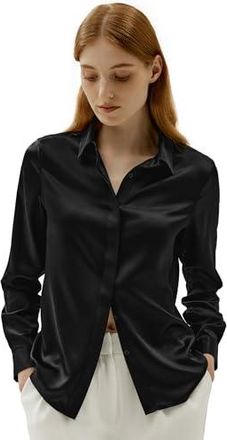 LilySilk Chemise Basique Femme en Soie Chemisier Fluide Uni Top Manches Longues Coupe Classique Confortable Blouse Féminin Décontracté 22 Momme XL Noir