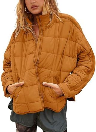 Generic Veste matelassée légère pour femme, manteau dhiver chaud à manches longues et col montant avec fermeture éclair et poches, Orange, XL