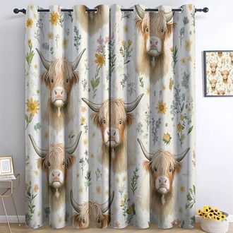 Generic Rideau Occultant Vache Animal Dessin Anim&eacute;, Rideaux Opaque &Agrave; Oeillets Fleurs Sauvages Fra&icirc;ches - Draperies Isolant Phonique et Thermique pour Chambre 