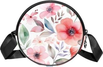 Generic Sac &agrave; bandouli&egrave;re rond pour femme, motif fleurs roses, feuilles, petit sac &agrave; bandouli&egrave;re avec fermeture &eacute;clair, bretelles r&eacute;glables, sac &agrave; main rond d