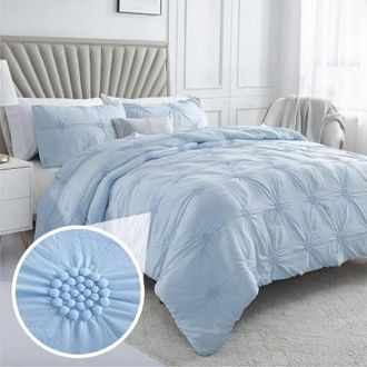 Swift Home Premium Bettwäsche-Set, 2-teilig, Blumenmuster, gerüscht, Plisseefalten, Steppdecke, Doppelbett, XL, Babyblau