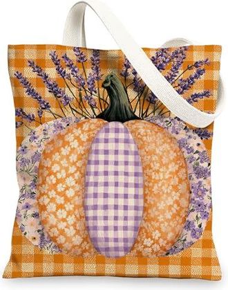 Generic Sacs fourre-tout vintage en toile motif citrouille floral, réutilisables, légers et lavables pour voyage, plage, pique-nique, Orange, 13x15 Inch