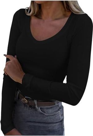 Generic T-Shirt Femme Manches Longues Col V C&ocirc;tel&eacute; Stretch Haut Basique Uni &Eacute;l&eacute;gant et Confortable pour Automne Hiver