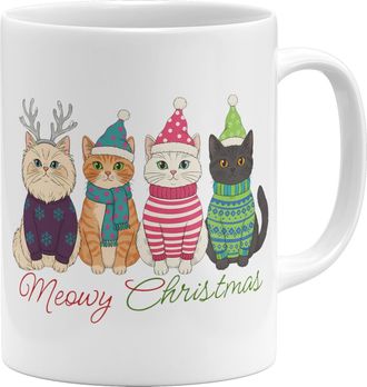 OM3 Meowy Christmas Kaffee-Tasse mit süßen Kätzchen - Weihnachtstasse 4 niedliche Katzen IV - Keramik Becher - 325ml - Beidseitig Bedruckt - Weiss