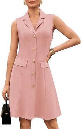 Grace Karin Robe &eacute;l&eacute;gante sans manches avec col &agrave; revers de printemps, couleur unie, robe trap&egrave;ze d&eacute;contract&eacute;e formelle, rose clair, M