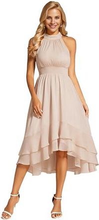 Ever-pretty Robe Mariage Invitée High Low sans Manche Halter Aux Genoux Soirée Femme Champagne 38