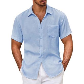Generic Chemise en lin et coton pour homme - Manches courtes - Coupe droite - Chemise en coton &agrave; manches courtes - L&eacute;g&egrave;re - Pour l&eacute;t&eacute; - Chemise de plage basiq
