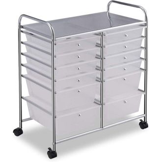 Costway Tour de Rangement &agrave; 12 Tiroirs en Blanc Avec 4 Roues Pivotantes Structure en Fer Blanc 64cm x 38cm x 75cm