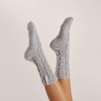 Lounge Chaussettes Tricot&eacute;es en Chenille - Givre - S-M