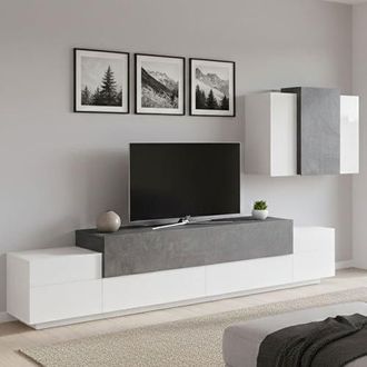 Dmora Ausgestattete Wand Ruben, TV-St&auml;nder-Wohnzimmerset, Mehrzweck-Wohnzimmerm&ouml;bel, 100 % Made in Italy, 240 x 45 x 180 cm, gl&auml;nzendes Wei&szlig; und Schiefer