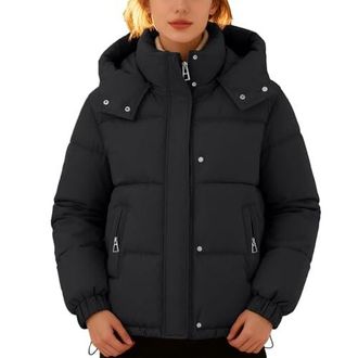 Generic Manteau dhiver rembourré avec capuche pour femme - Veste matelassée courte surdimensionnée avec fermeture éclair et bouton - Veste isolante épaisse et