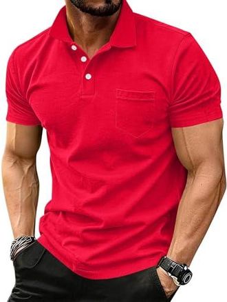 Generic Polo de golf &agrave; manches courtes pour homme - Couleur unie - Classique - L&eacute;ger - Pour l&eacute;t&eacute; - Sport - Coupe ajust&eacute;e - Avec poche de poitrine, Rouge (01).