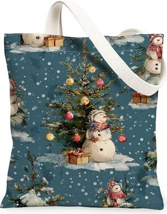 Generic Sacs fourre-tout en toile motif bonhomme de neige, sacs de courses l&eacute;gers et lavables pour No&euml;l, voyage, cadeaux de plein air, Bleu, 13x15 Inch