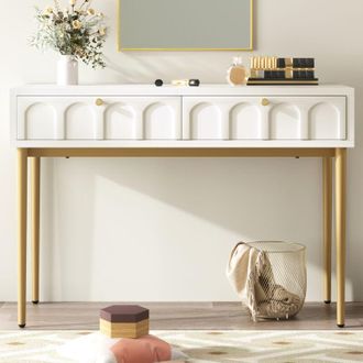 Urban Meuble Urban Meuble - Coiffeuse &eacute;l&eacute;gante avec 2 tiroirs blanc cr&egrave;me structure et poign&eacute;e dor&eacute;e 100x45cm