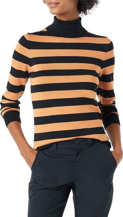 Amazon Essentials Damen Leichter, Lang&auml;rmeliger Rollkragenpullover, Klassischer Schnitt (Erh&auml;ltlich In &Uuml;bergr&ouml;&szlig;e), Schwarz Kamelbraun Rugby-Streifen, XS