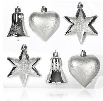Com-Four 6-teiliges Set Christbaumschmuck - Christbaumkugeln in verschiedenen Formen - Glocke, Herz und Stern zum Anhängen am Weihnachtsbaum (silberfarben)