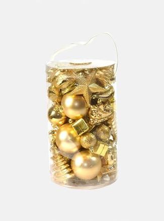 Dmora Box 50 St&uuml;ck mehrformige Weihnachtsdekorationen, Ornamente und Spitze, Set Sortiment Weihnachtskugeln, Box Weihnachtsbaum Set, 4 bis 10 cm, Gold Farbe