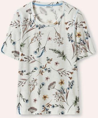 Walbusch T-Shirt Damen Baumwollshirt mit Blumen Rundhals Kurzarm Weicher Baumwoll-Modal-Mix, pflegeleicht, Overlock-Zierstich, ca.64cm