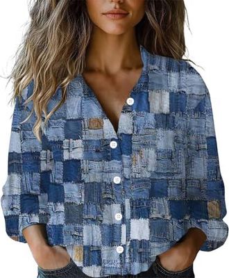 Generico Chemise Femme Curvy Manches Longues T Shirt en Lin Coton D&eacute;contract&eacute; grande taille Chemisier Col en V Doux Chemises Vintage Imprim&eacute; avec Boutons Mode 