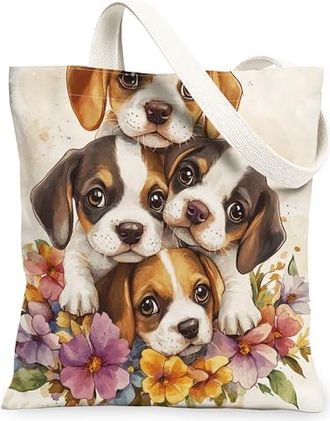 Generic Sac fourre-tout en toile motif chien beagle printanier 33 x 38,1 cm, sac d&eacute;picerie r&eacute;utilisable avec motif floral amusant pour femme, peinture danimal