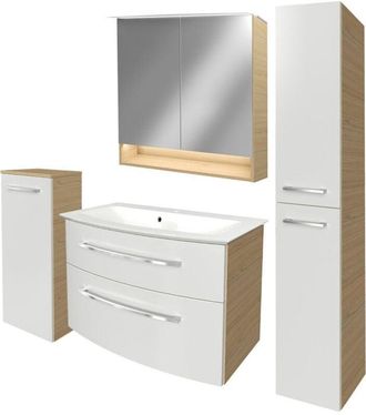 Fackelmann b.style Badm&ouml;bel Set mit Waschbecken mit Unterschrank 80 cm breit - LED-Spiegelschrank - Midischrank und Hochschrank in Wei&szlig; mit Holz