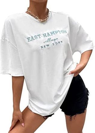 TOMWELL T-Shirt Oversize à Col Rond pour Femme Manche Courte avec Motif Papillon Haut Dété Décontracté Chemise à Manches Courtes Lettres Créatives Blouse Spor