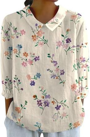 Generic Hauts dété pour femmes, revers rétro rayé dans le dos, haut ample, chemise décontractée en coton et lin, chemise à manches 3/4, chemise raglan marron 