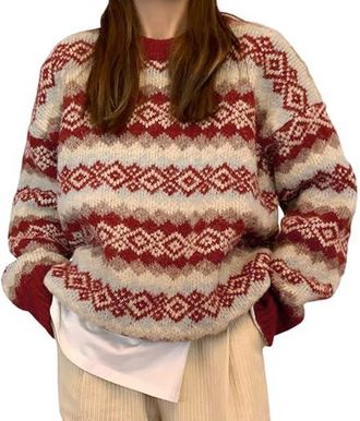 Generic Pull Femme Noel Col Rond,Pull FéMinin Ample Et Doux en Tricot DéContracté pour Tenue Quotidienne Confortable avec Motif DéCoratif Et Col Rond Concepti