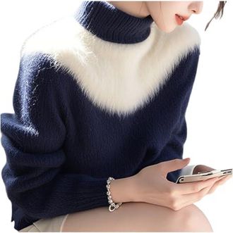 Generic Pull en mohair pelucheux pour femme - Pull en chenille doux et moelleux - Bleu marine - L&eacute;ger - Col roul&eacute; - Pour le travail, Zweifarbiger, L
