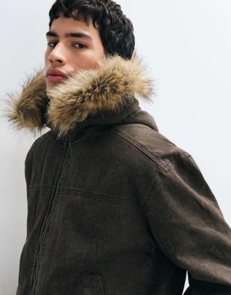 Hollister schwere Bomberjacke mit Kapuze in verwaschenem Braun